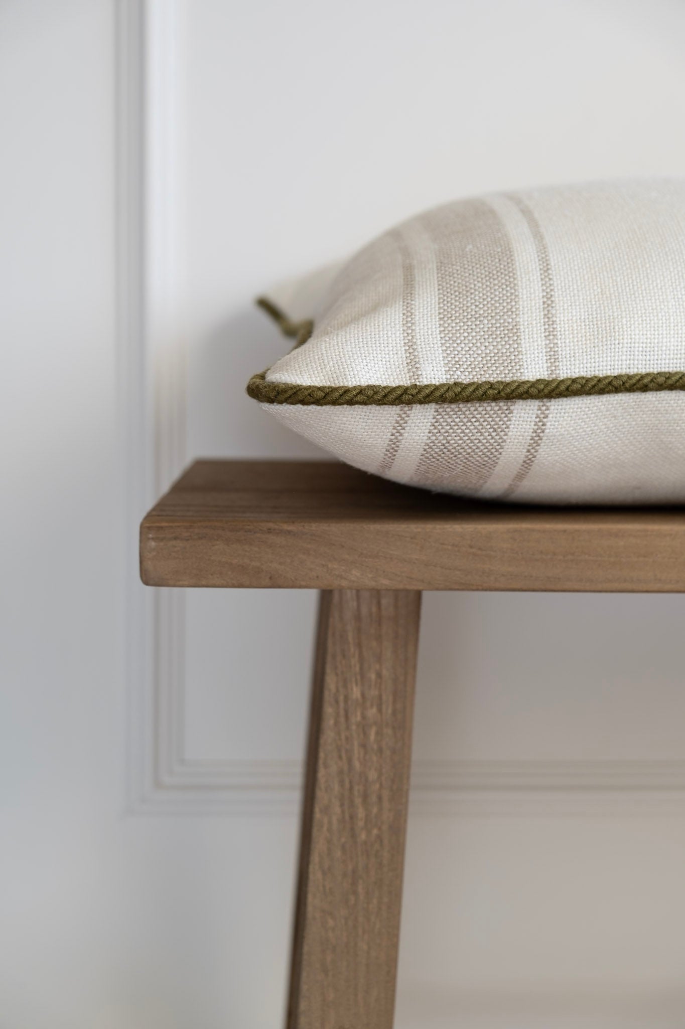 Shadowed Linen Stripe Cushion - Deep Olive Piping – Swayn Natural